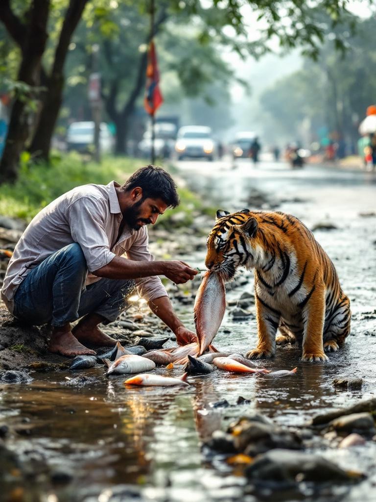 Free tiger eating fish AI Image | 10503152